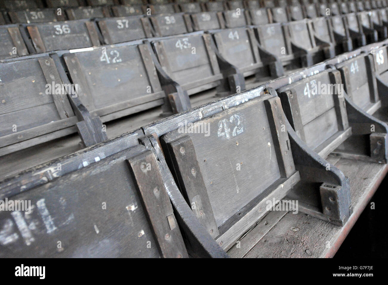 General view of the wooden seats at Oakwell football stadium Stock ...