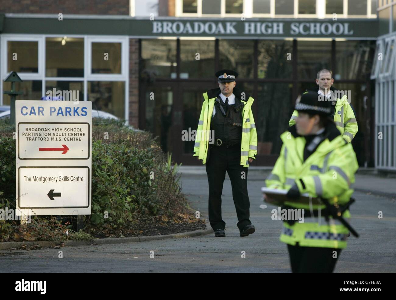 Police at Broadoak Comprehensive School in Partington, Greater ...
