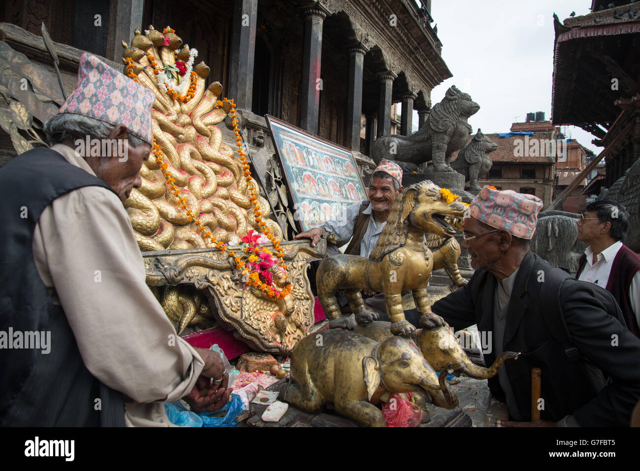 A royal antique throne is put on display at Patan Durbar Square in ...
