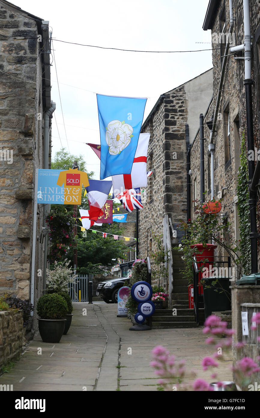 Tour de France preparations. Colorful decorations in Addingham as part ...