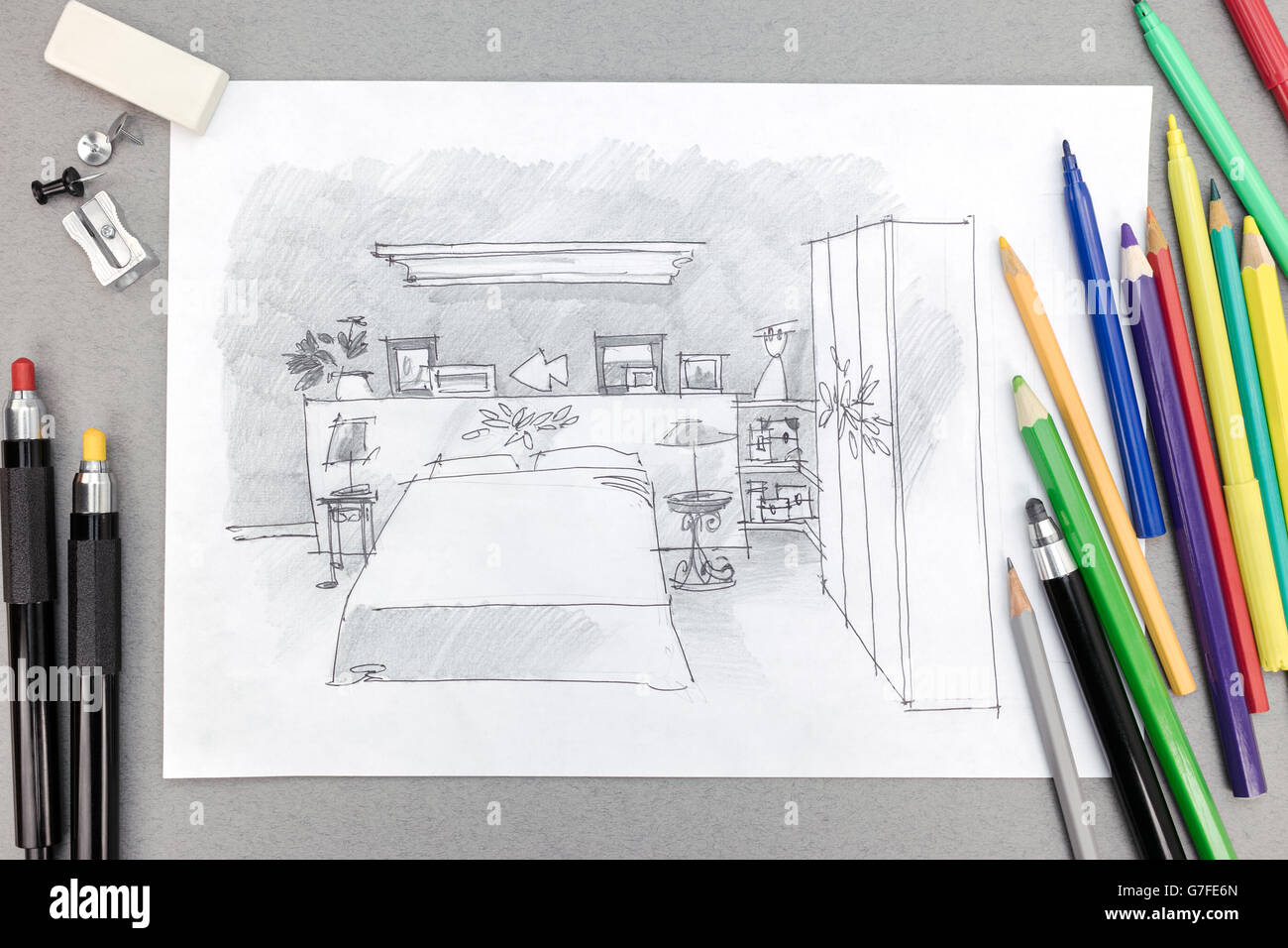 colored pencils and crayon for interior works on the room picture ...