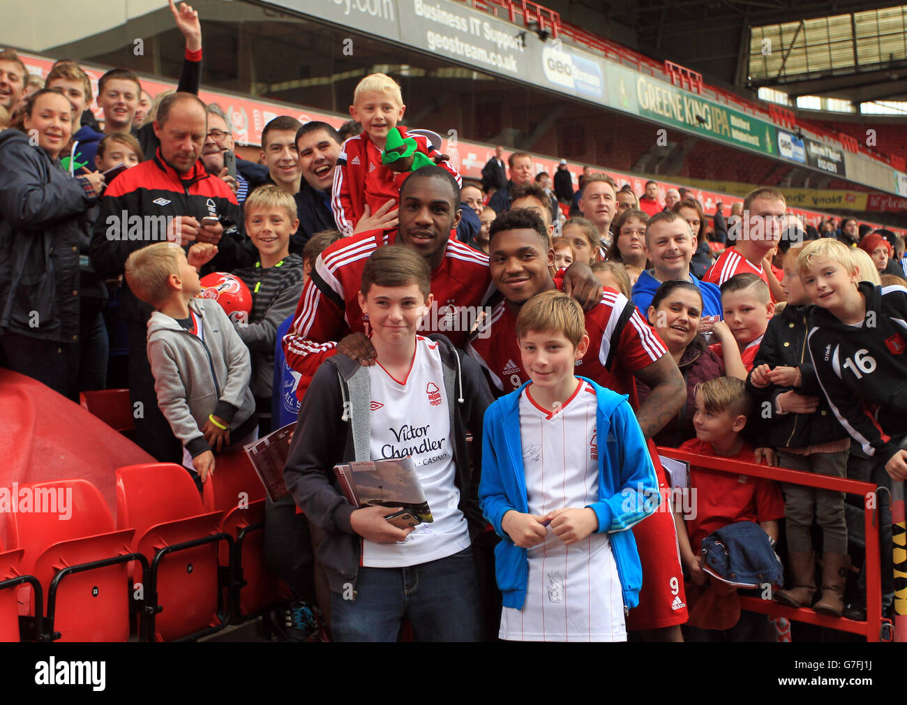 Nottingham Forest's Michail Antonio (left) and Britt Assombalonga pose ...