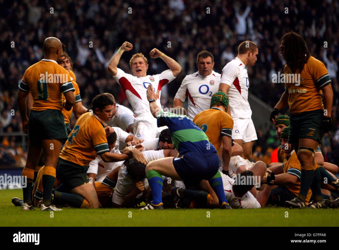 Josh Lewsey celebrates Lewis Moody's try during their 21-19 defeat by ...