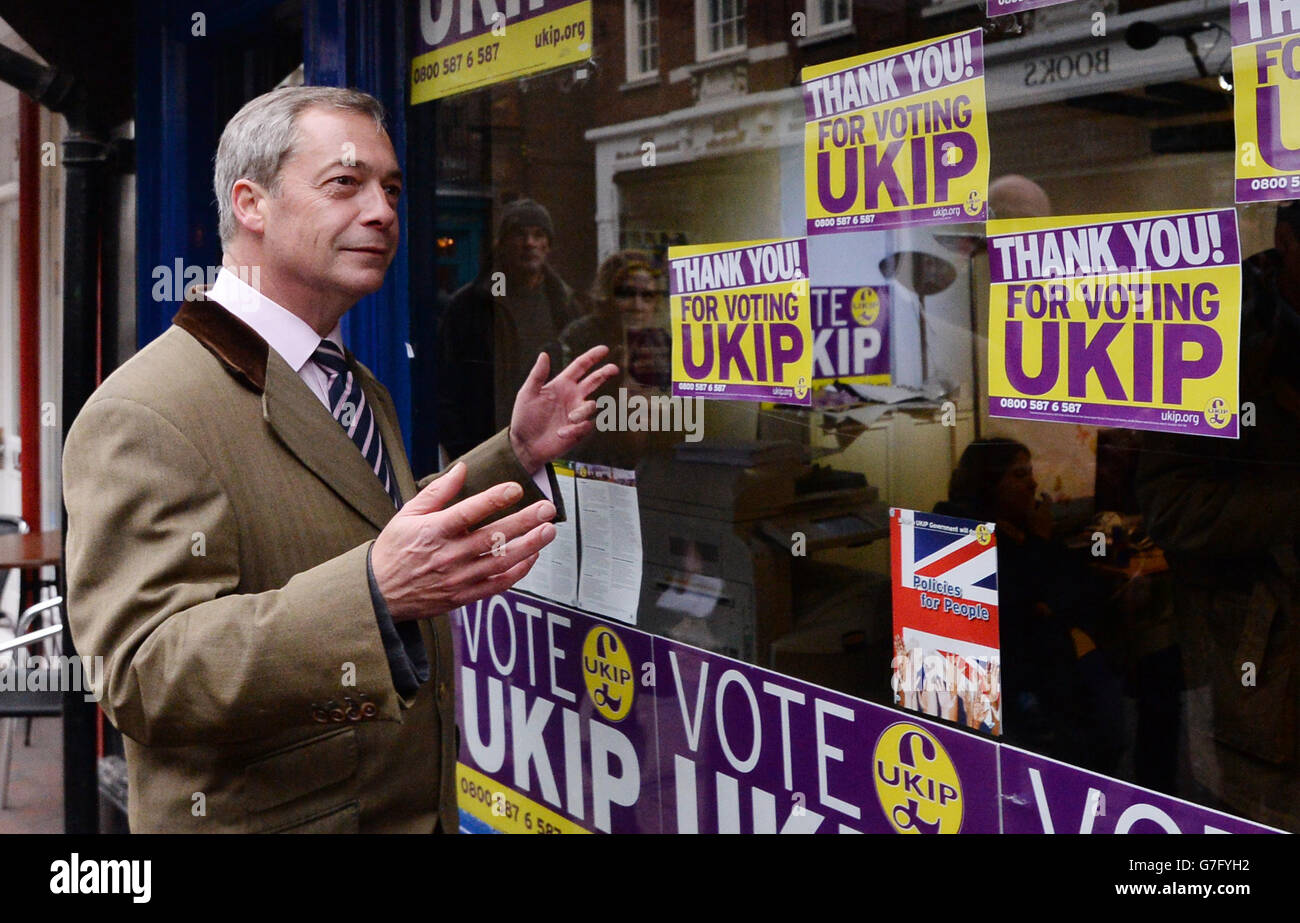 Ukip leader Nigel Farage outside his party's election headquarters in ...