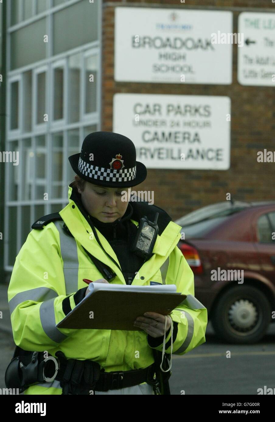 Police officer at Broadoak Comprehensive School in Partington, Greater ...
