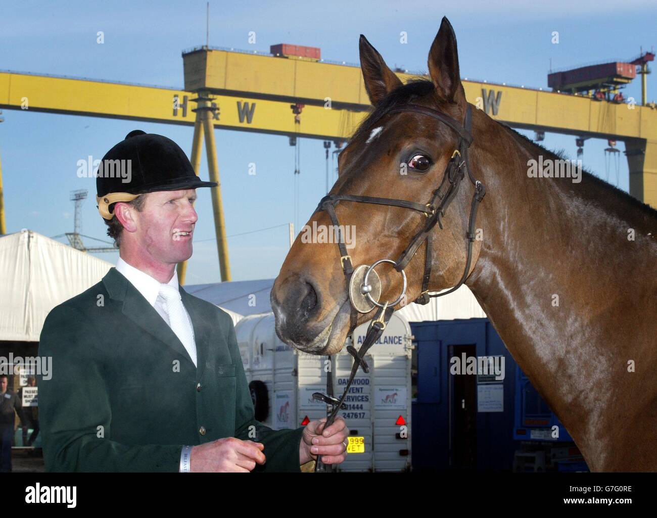 Edward Doyle ,from Republic of Ireland,with his horse Utopia, before the start of the Belfast ...