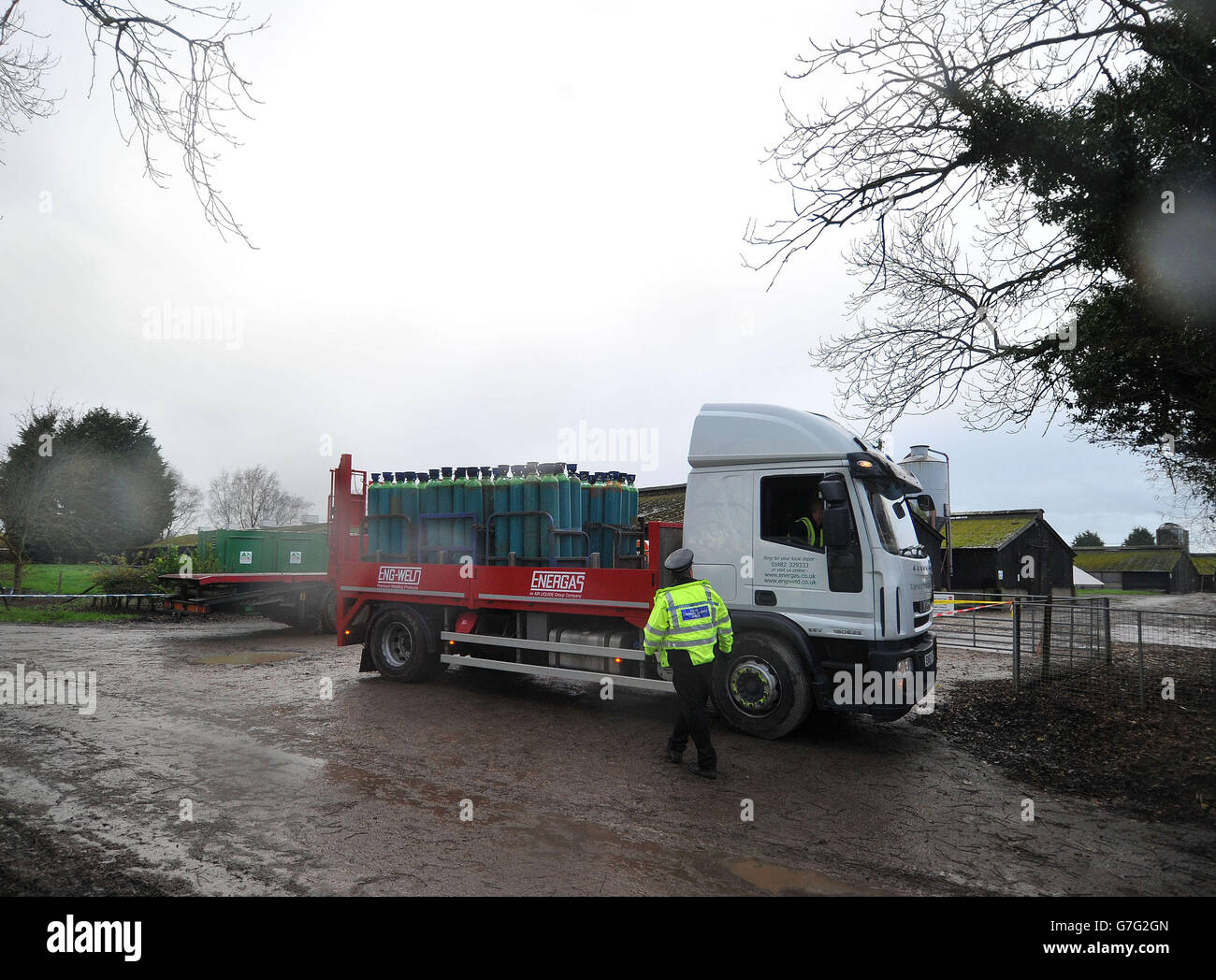 A lorry with gas bottles arrives at the farm in Nafferton, East ...