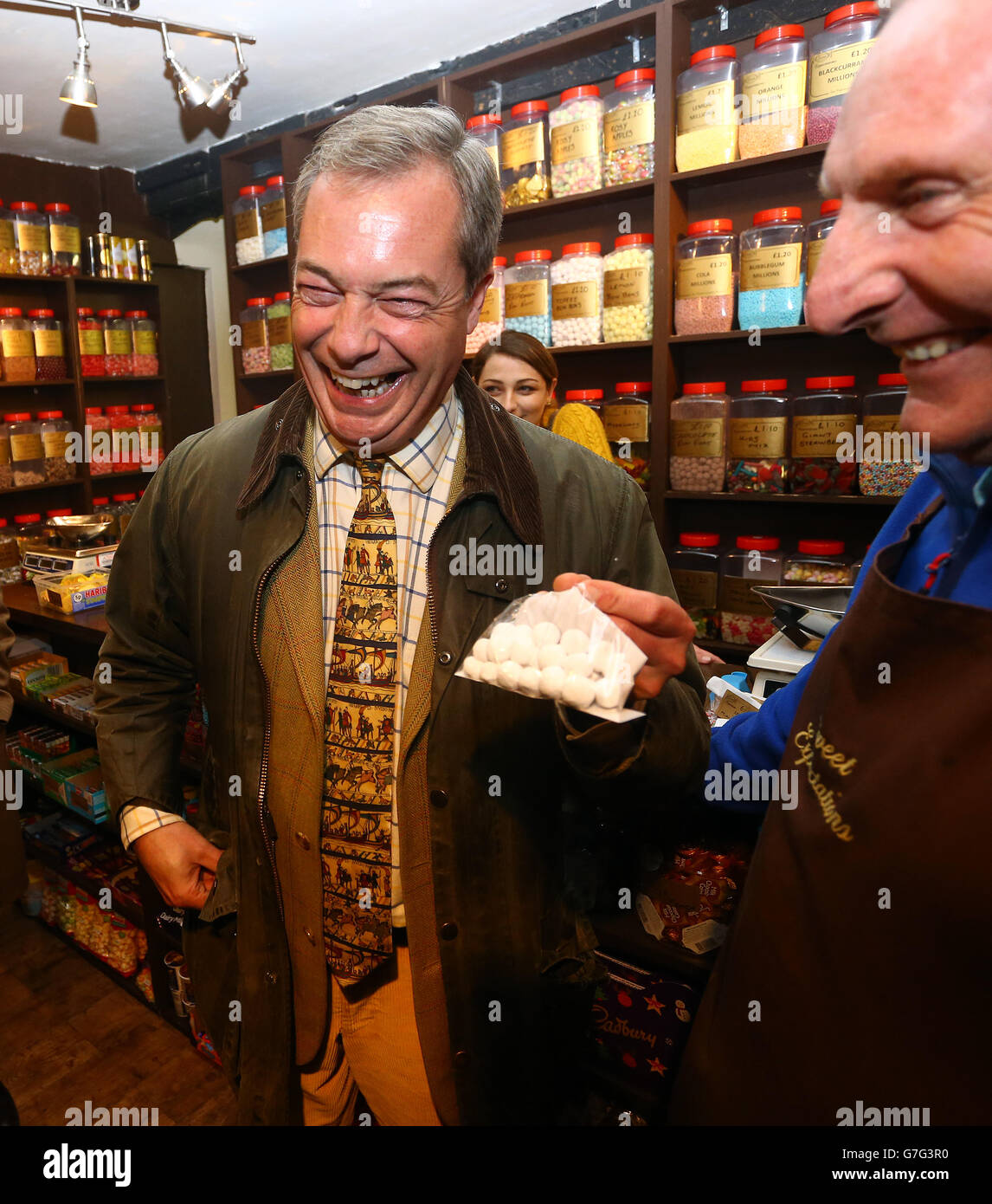 Ukip Leader Nigel Farage buying sweets from John Baldock, the owner of ...