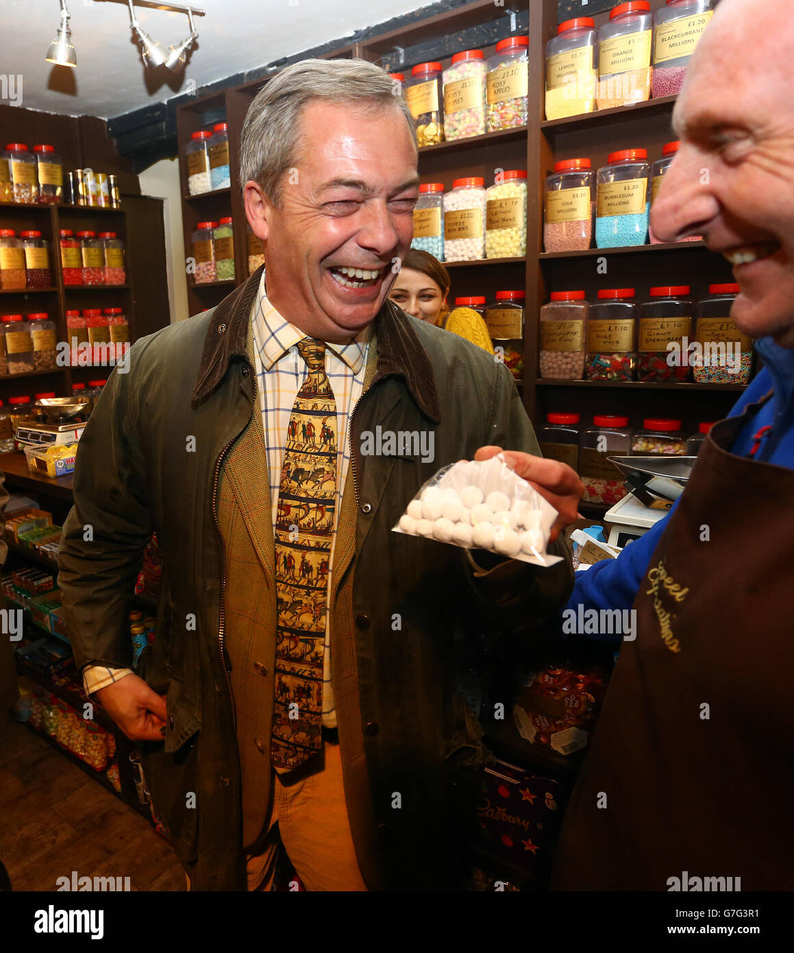 Ukip Leader Nigel Farage buying sweets from John Baldock, the owner of ...