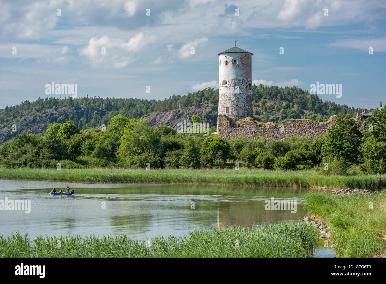 The bay of Slatbaken and Stegeborg Castle during midsummer in Sweden ...