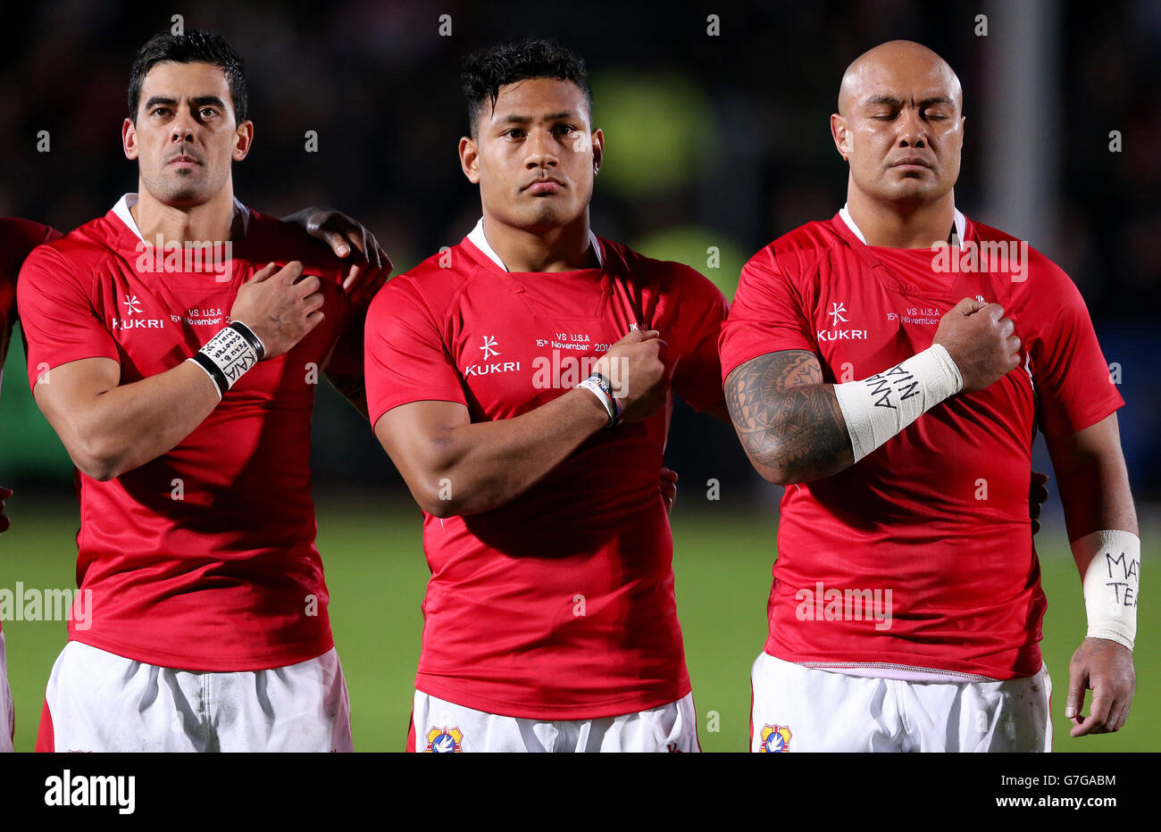 (L to R) Nili Latu, Sonatane Takulua and Kurt Morath of Tonga during an ...