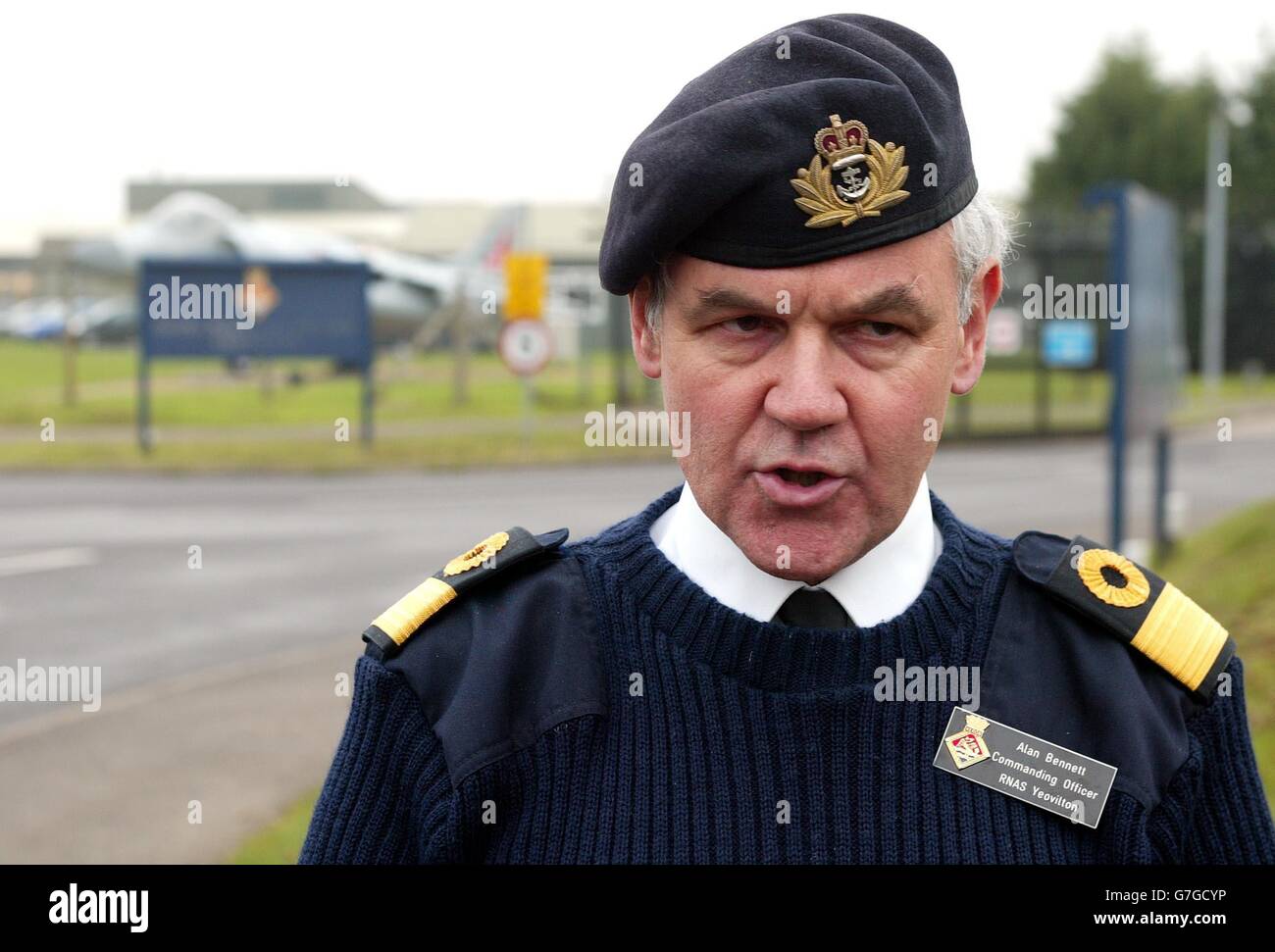 Commander Alan Bennett, Commanding Officer RNAS Yeovilton speaks to the ...