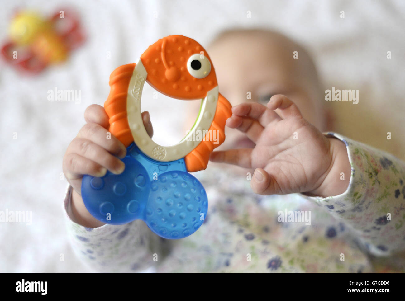 A 5 months old baby holds a teething ring in the style of a fish Stock ...