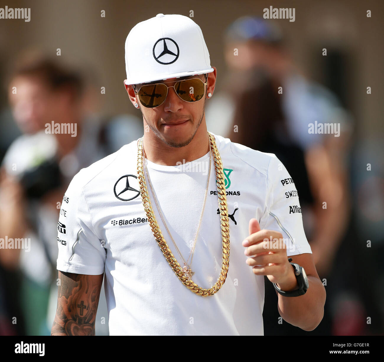 Mercedes driver lewis hamilton arrives yas marina circuit hi-res stock ...