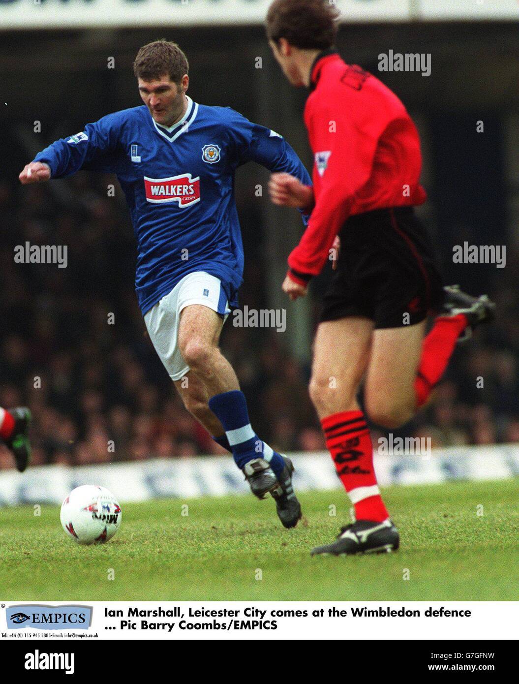Ian Marshall, Leicester City comes at the Wimbledon defence Stock Photo ...