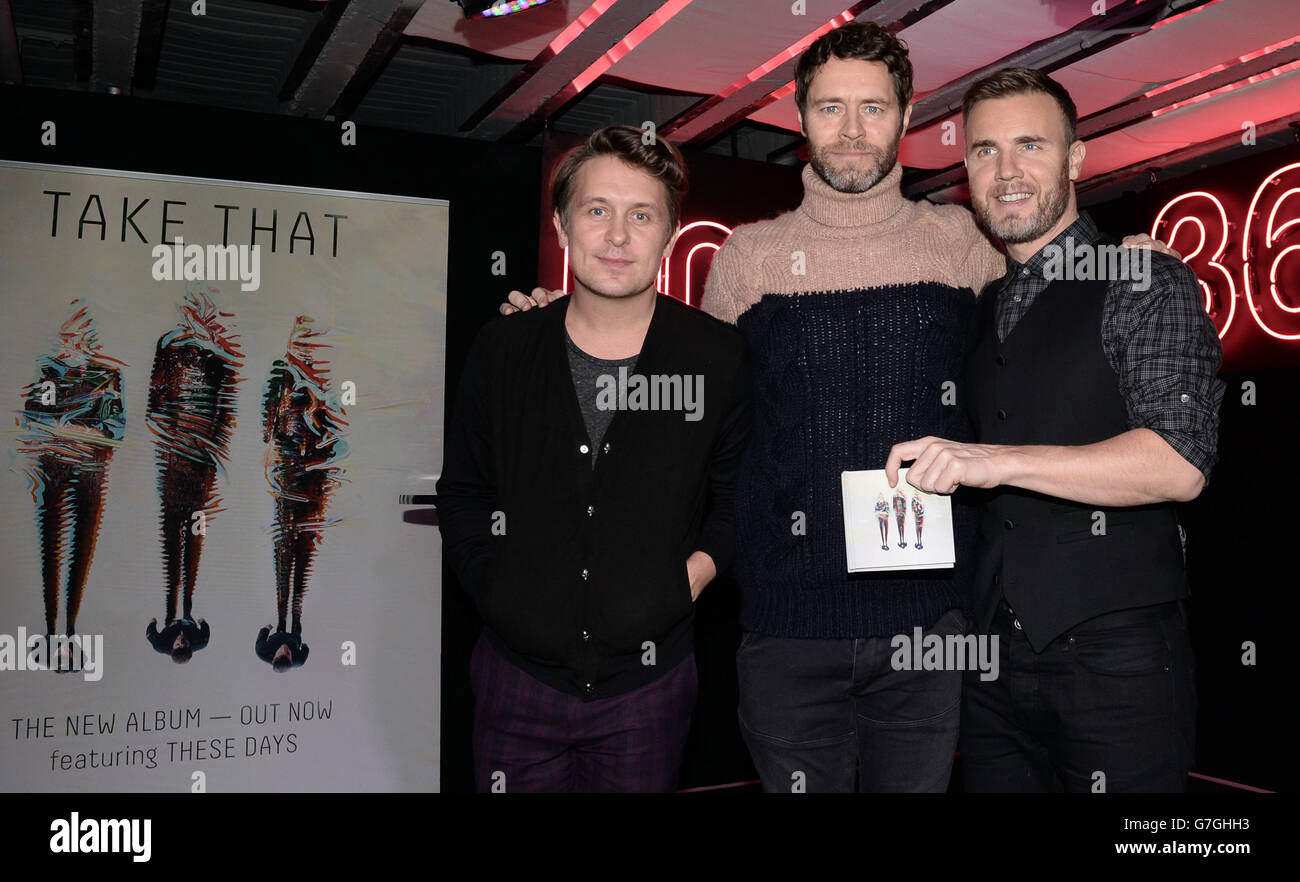 Members of Take That (left to right) Mark Owen, Howard Donald and Gary ...