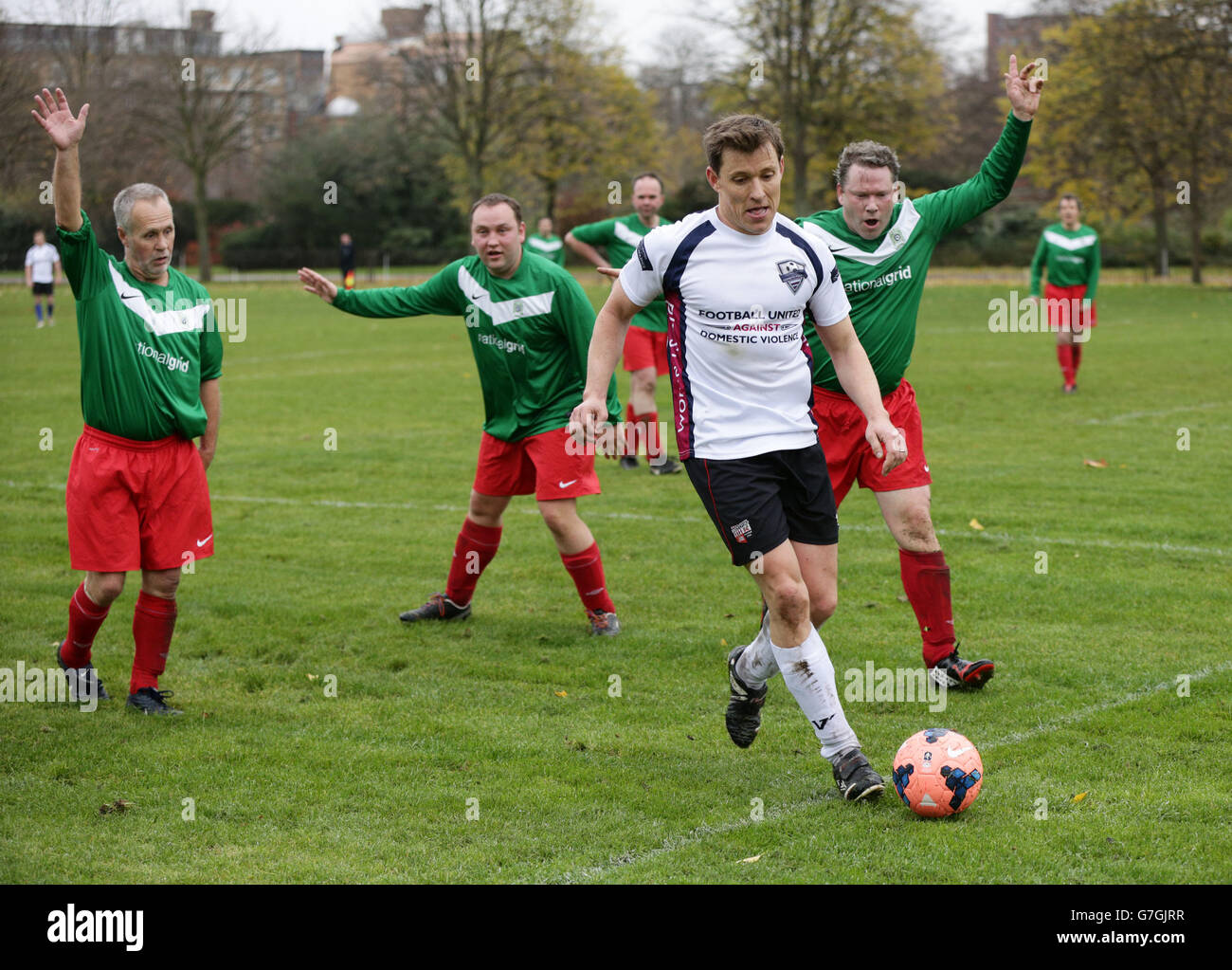 TV presenter Ben Shephard (right) in action during a Football United ...