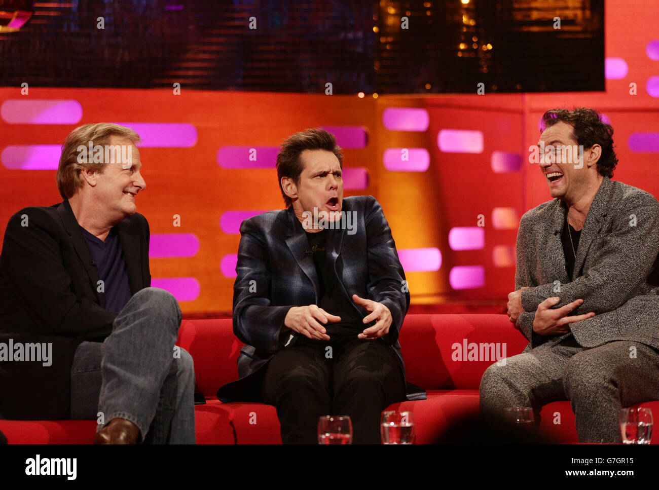 Guests (left to right) Jeff Daniels, Jim Carrey and Jude Law during ...