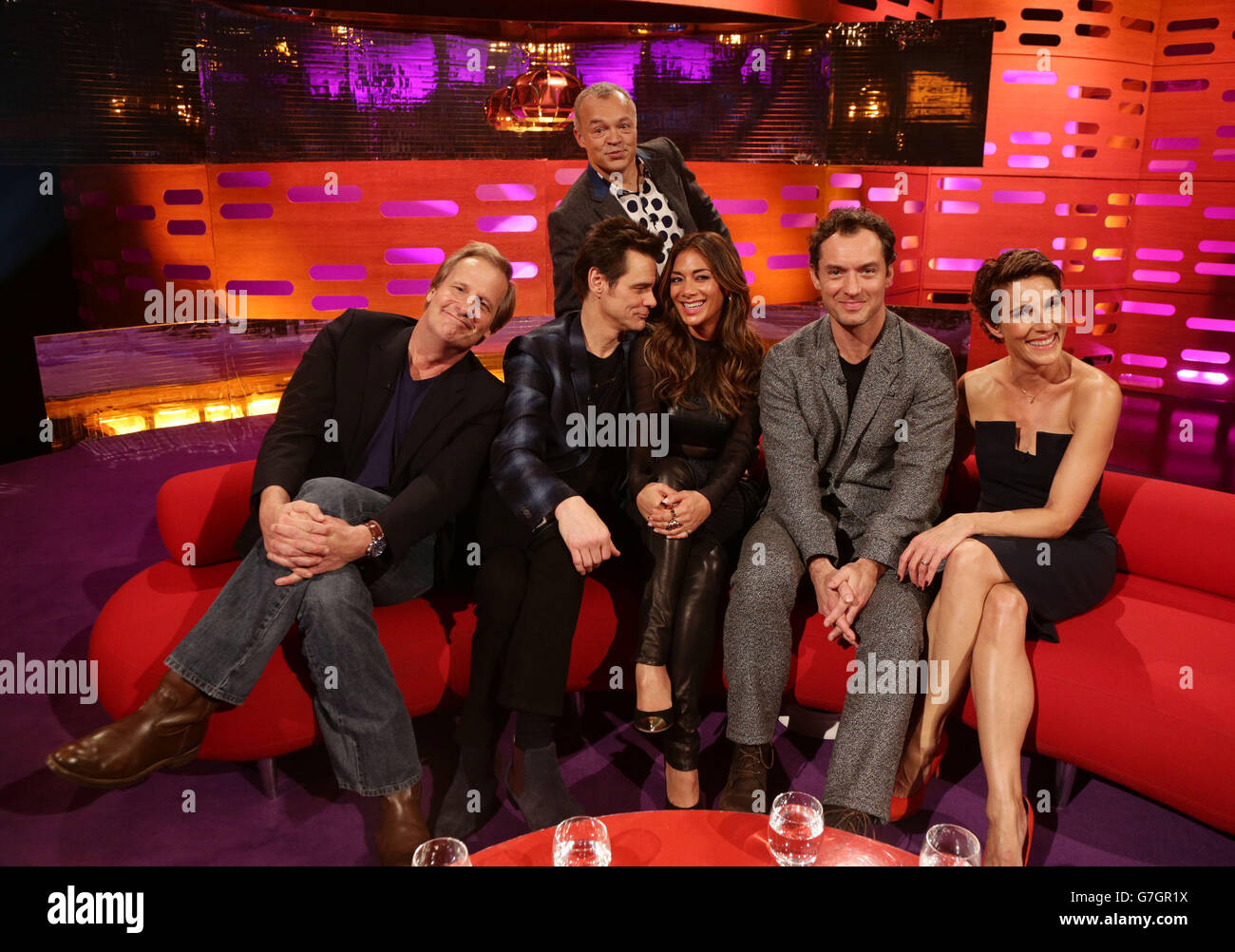 The host (top) with guests (left to right) Jeff Daniels, Jim Carrey ...