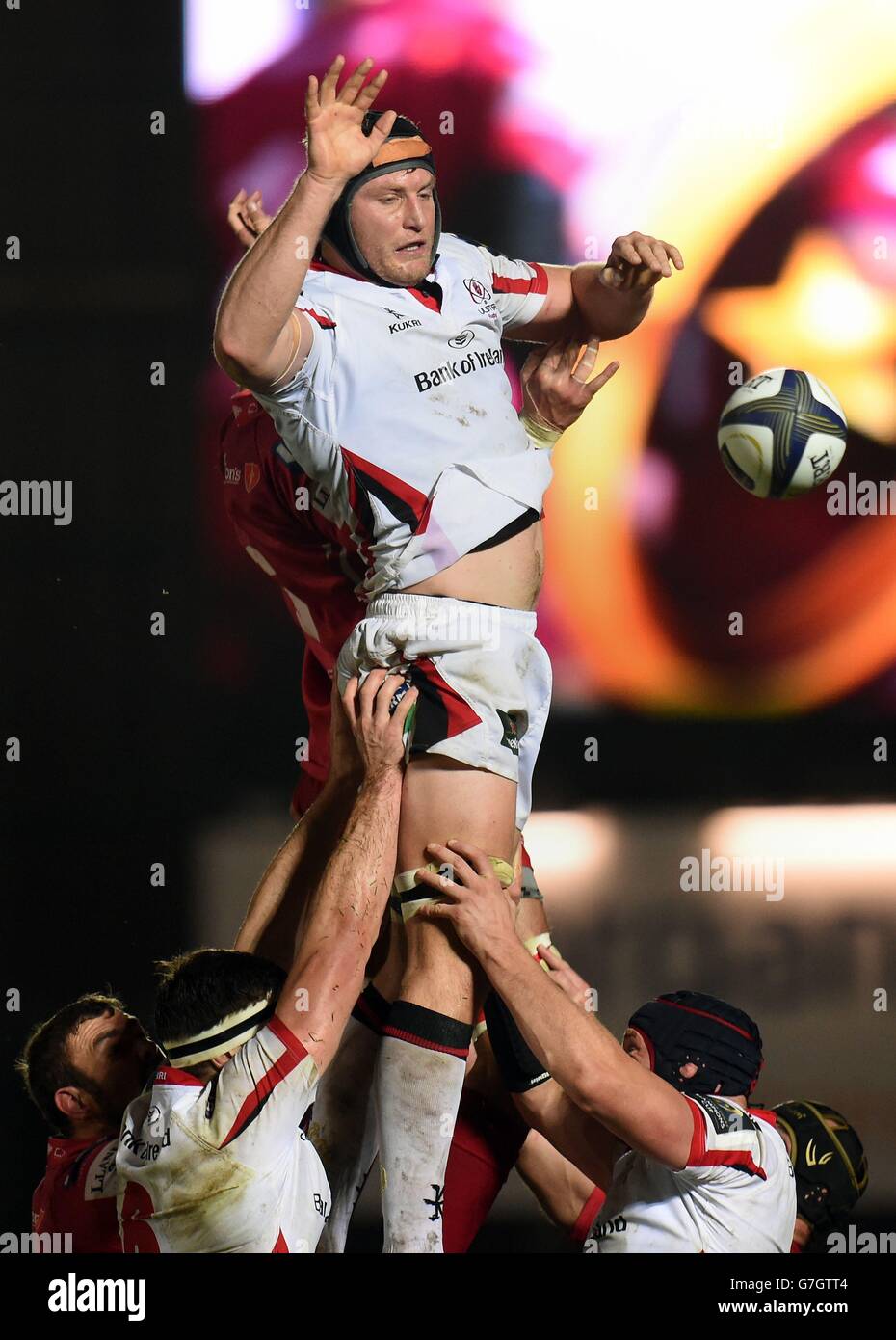 Ulster Rugby's Franco van der Merwe wins the ball in the lineout during ...
