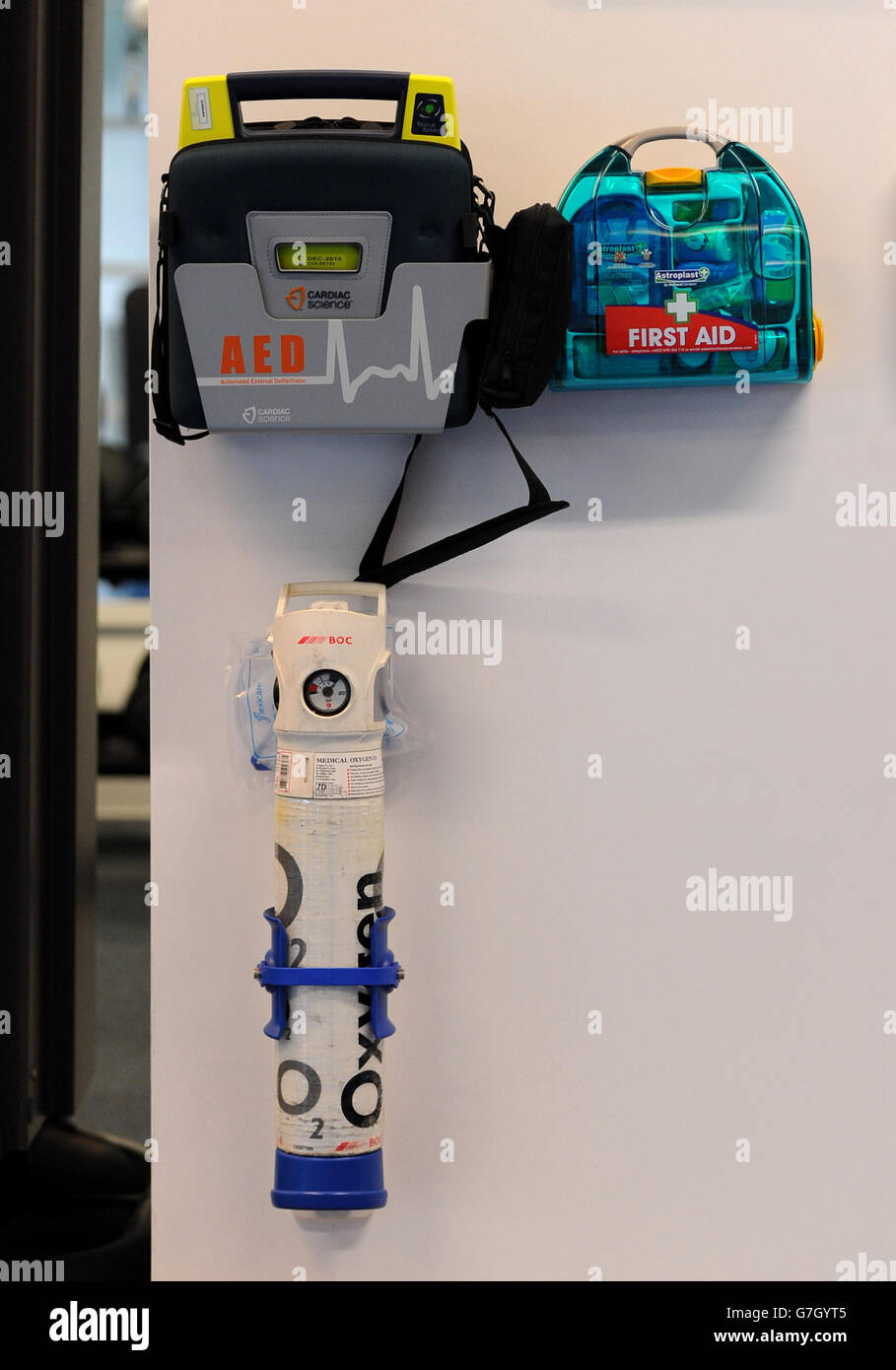 A general view of a defibrillator and oxygen equipment in the gym used ...
