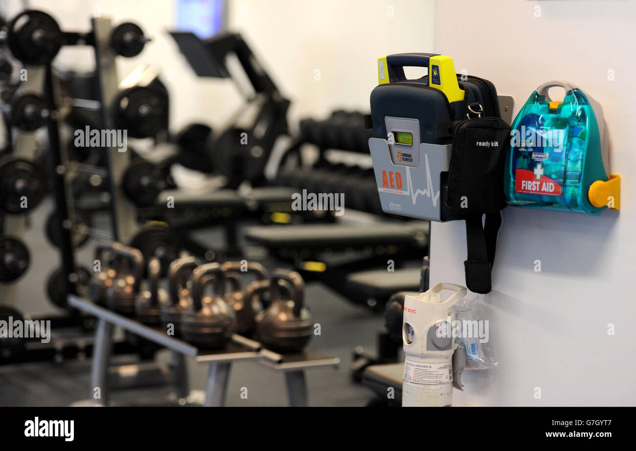 A general view of a defibrillator and oxygen equipment in the gym used ...