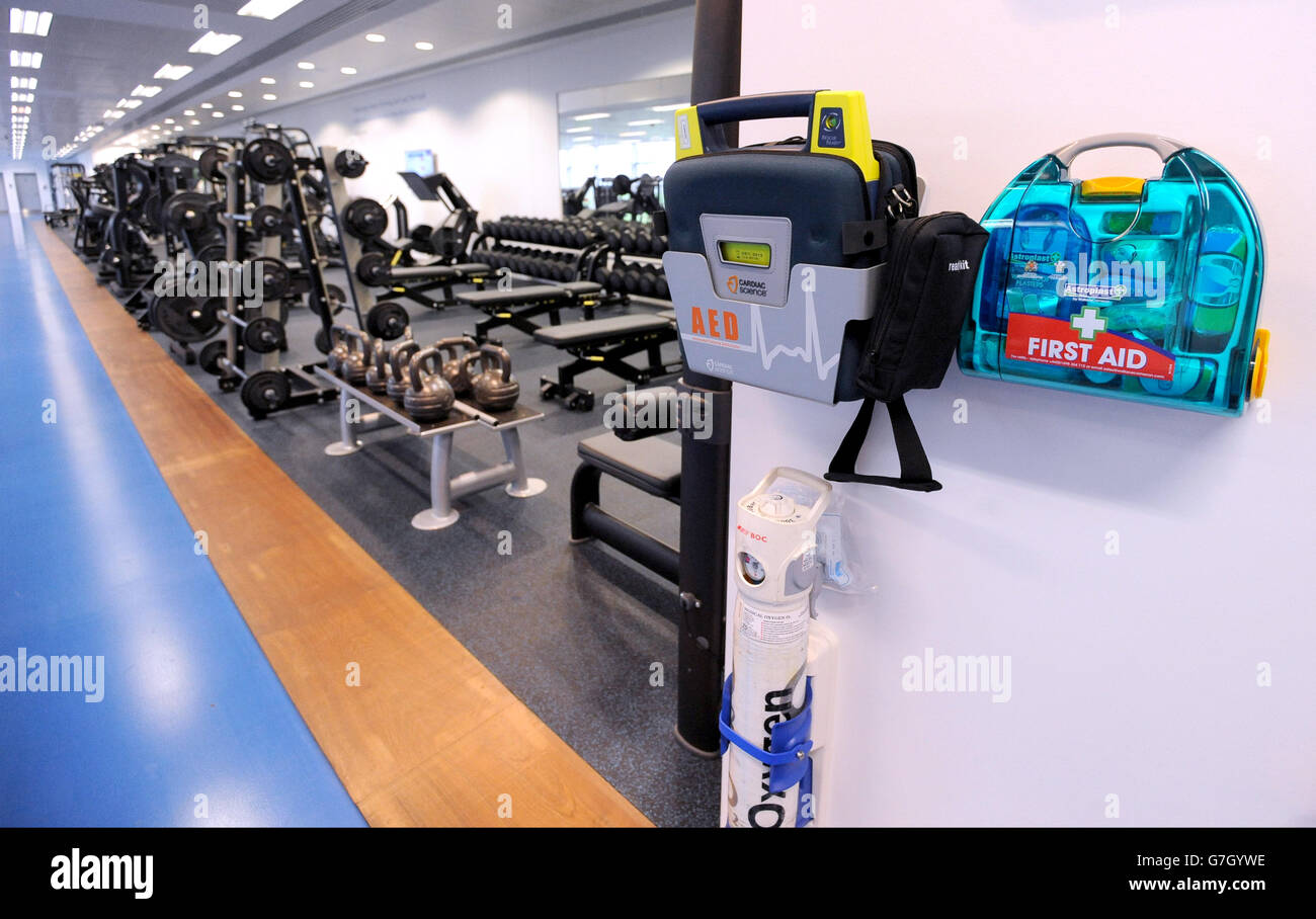 A general view of a defibrillator and oxygen equipment in the gym used ...