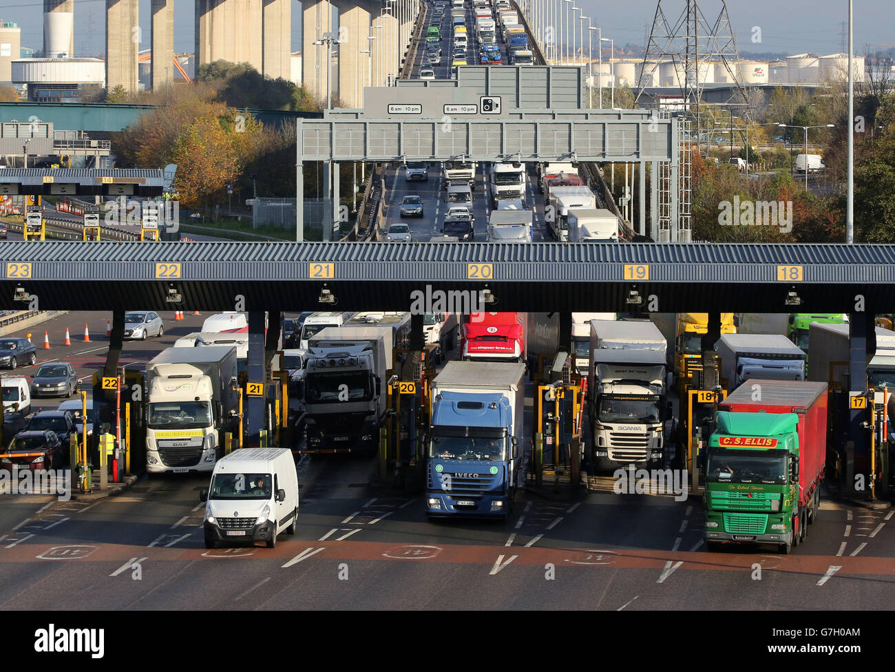 Traffic passes through the tolls at the Dartford Crossing in Kent, as ...