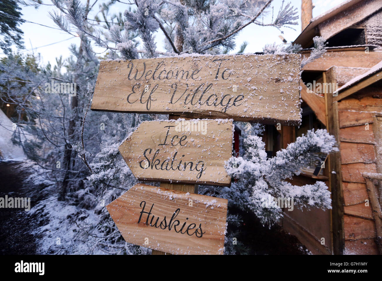 A view of a signs, at Lapland UK in Whitmoor Forest, Ascot, Berkshire ...