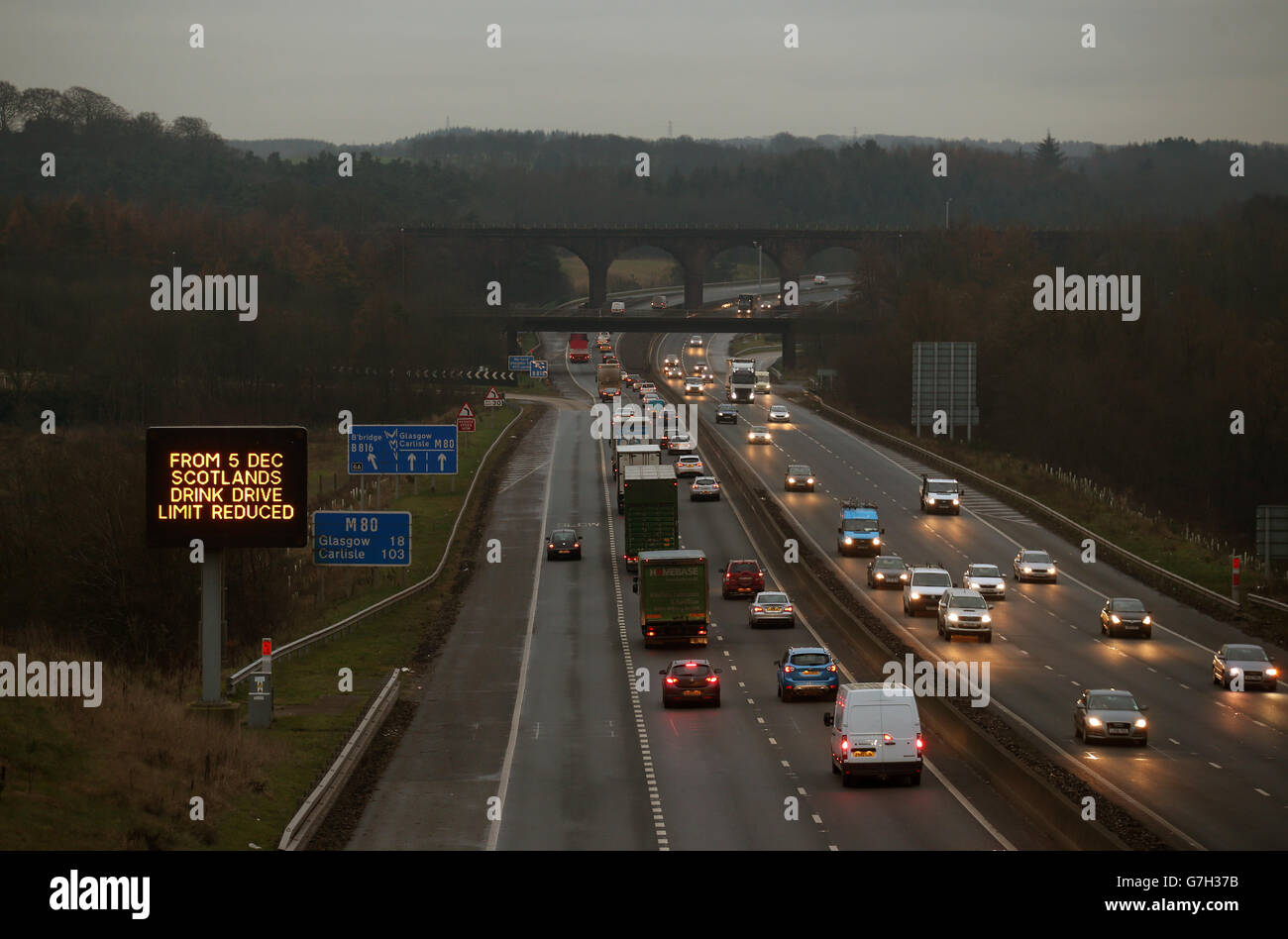 A traffic sign displaying a message for drivers on the M80 near Haggs ...