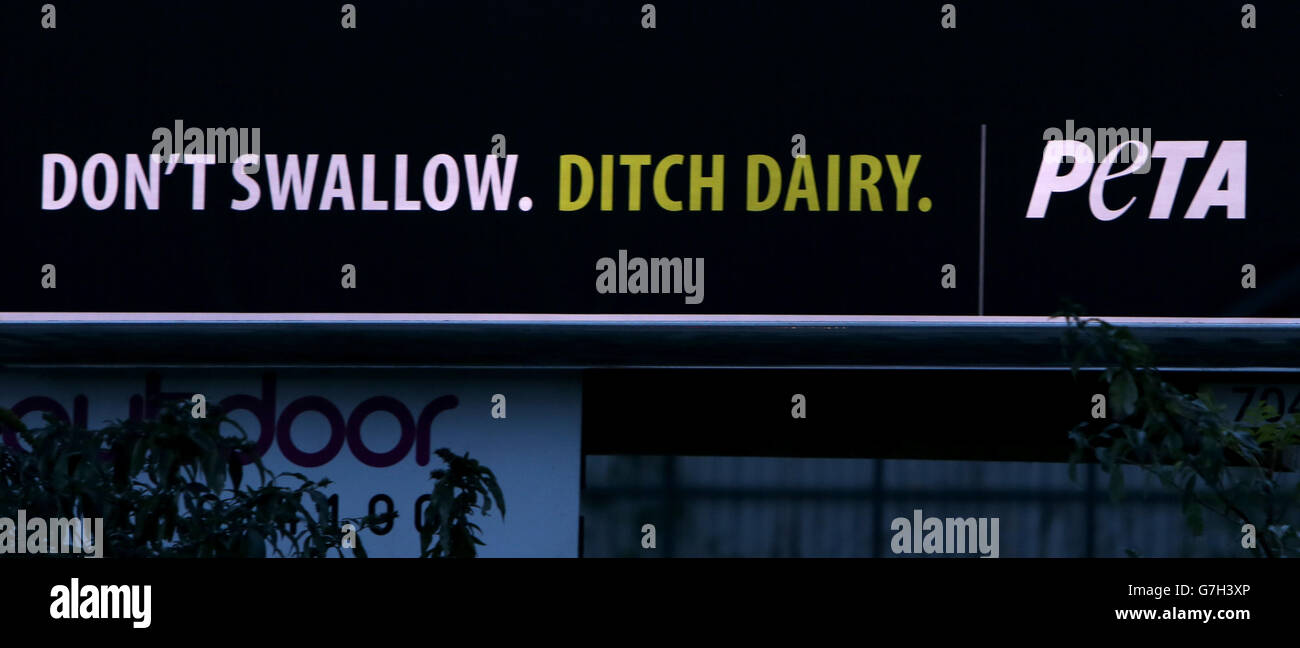 A general view of a PETA advertising board outside Meadow Lane football ...