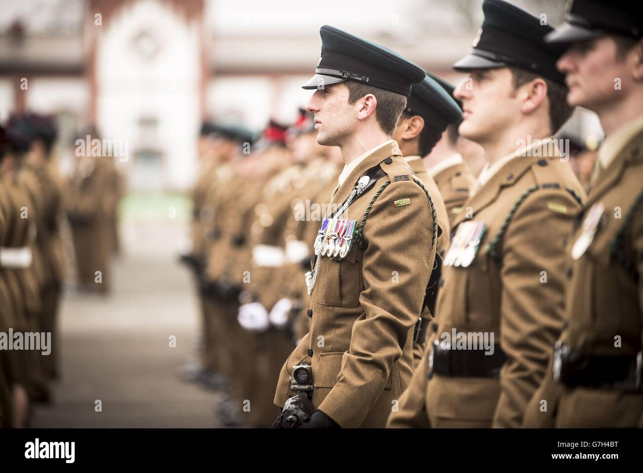 Soldiers from 5th Battalion The Rifles stand easy on the parade square ...