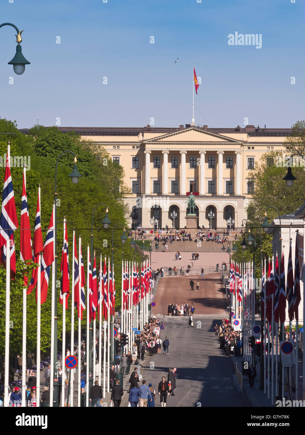 Karl Johan the parade street in Norwegian capital Oslo, flags leading ...