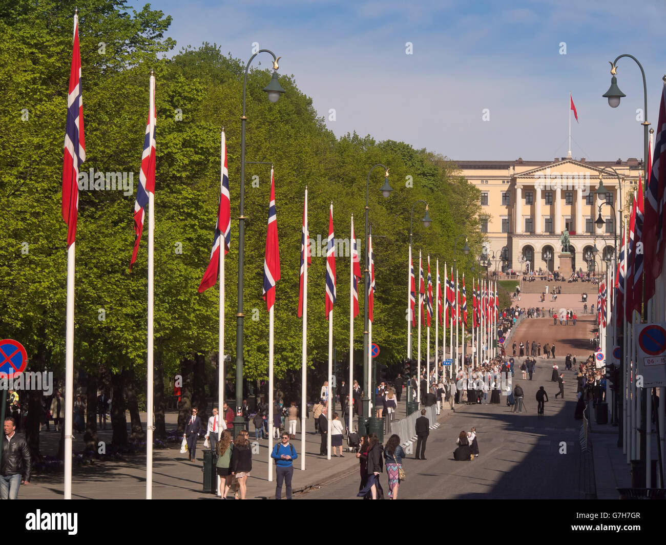 Karl Johan the parade street in Norwegian capital Oslo, flags leading ...