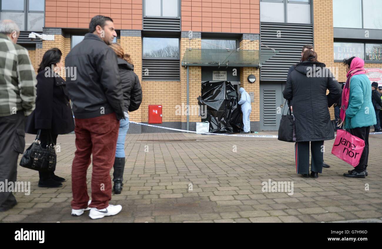 Edmonton murder. General view of the murder scene at a block of flats ...