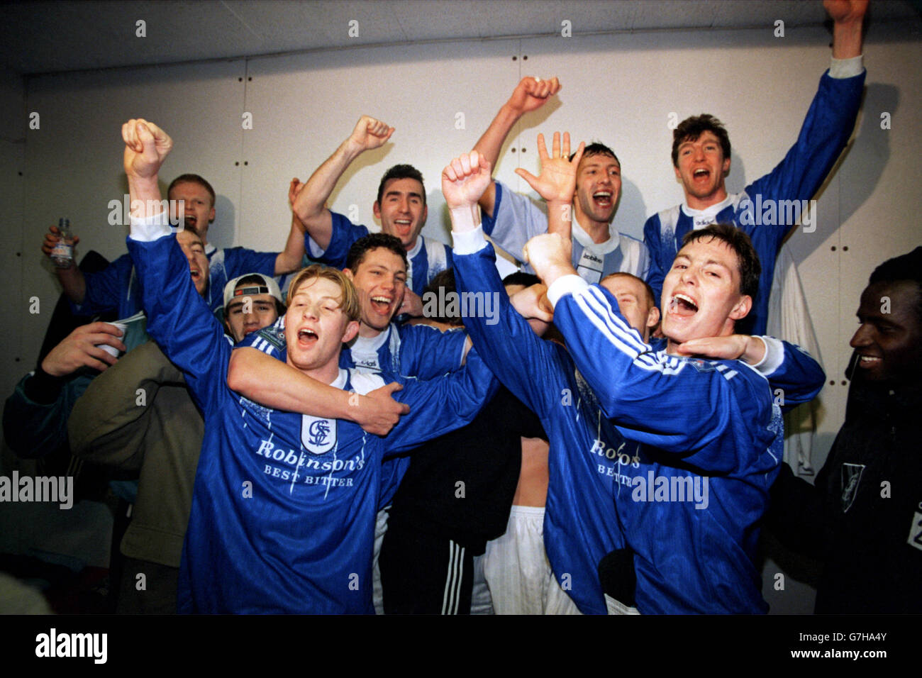 Stockport County's players celebrate their win over Southampton in the ...