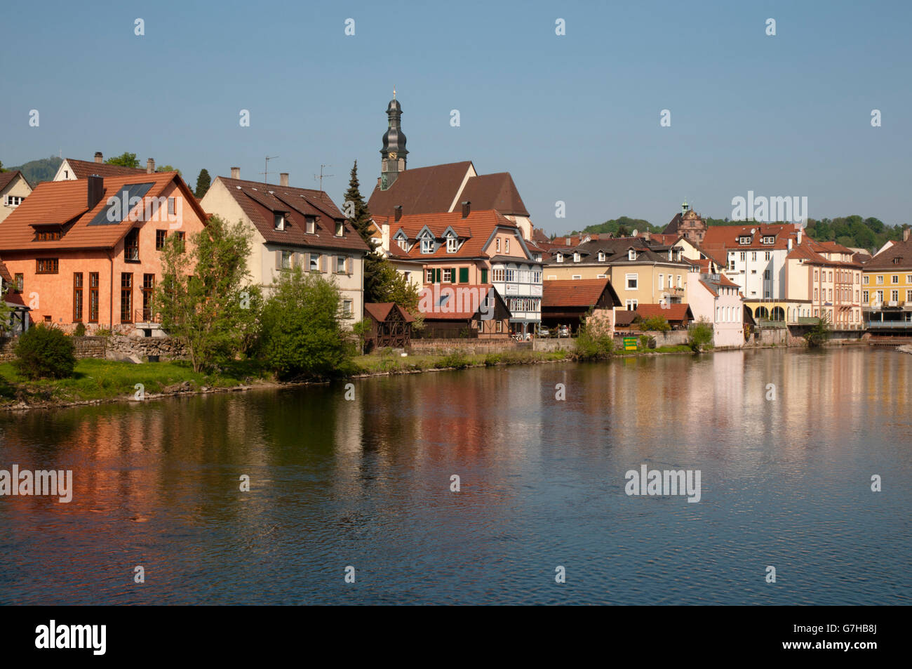 Town panorama on Murg river, Gernsbach, Schwarzwald or Black Forest ...