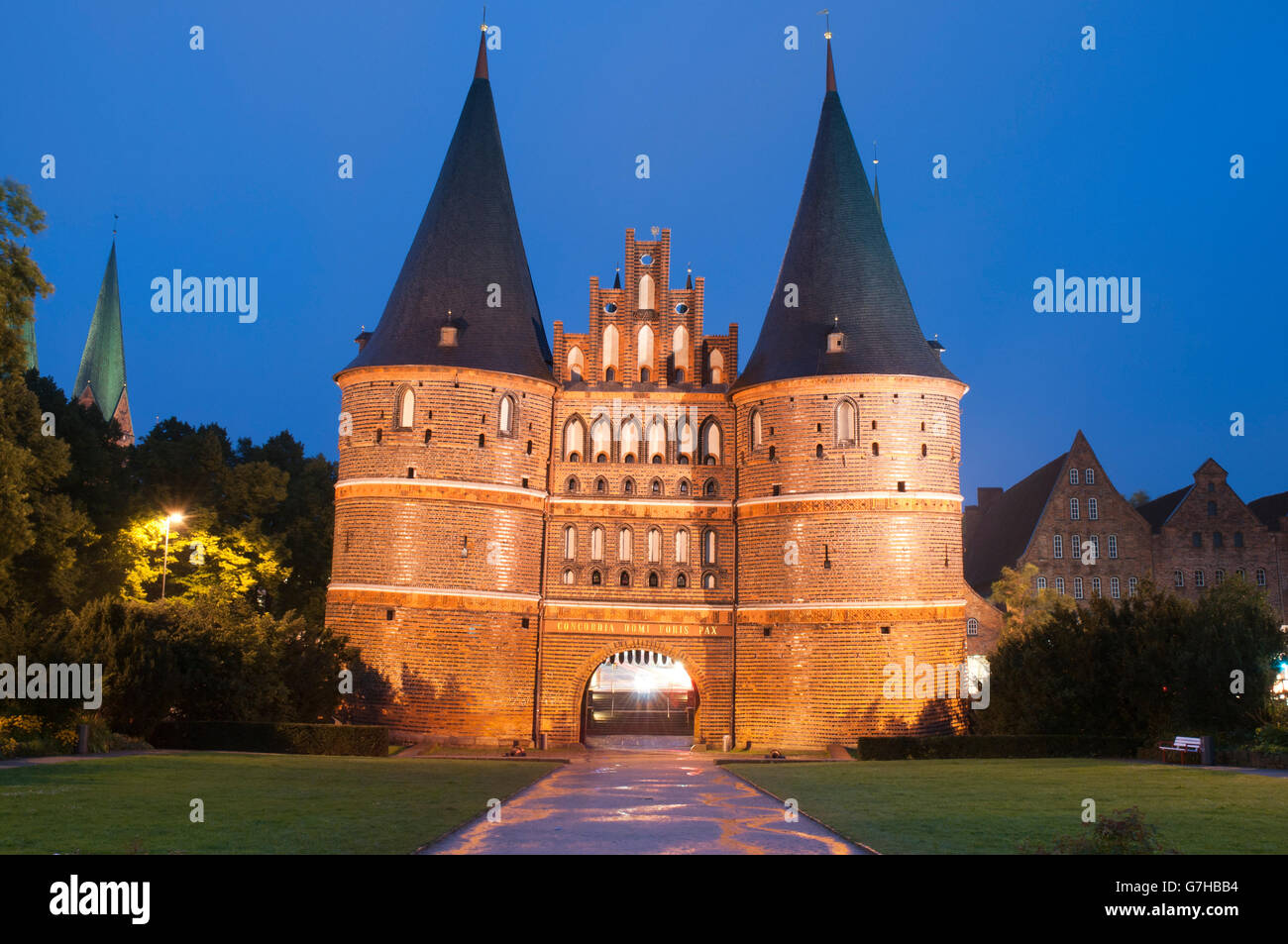 Holstentor, Holsten Gate, at night, Hanseatic city of Luebeck, UNESCO ...