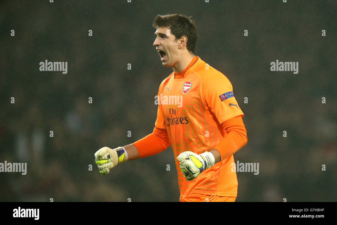 Arsenal goalkeeper Emiliano Martinez celebrates his side's second goal ...
