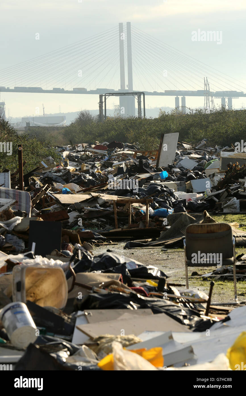 Fly tipping in Essex. An illegal fly tip site alongside the Thames ...