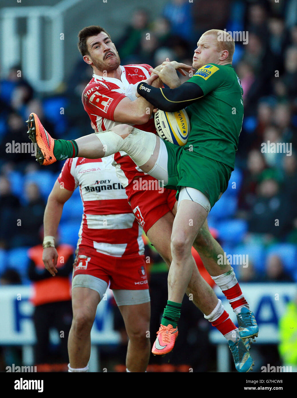Gloucester's Mark Atkinson contests a high ball with London Irish Tom ...
