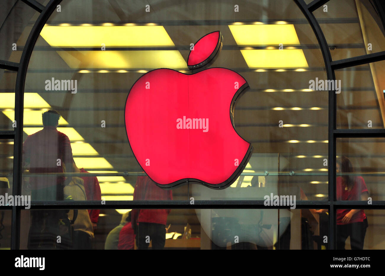 The Apple store on Regent Street, London, displays red products in ...