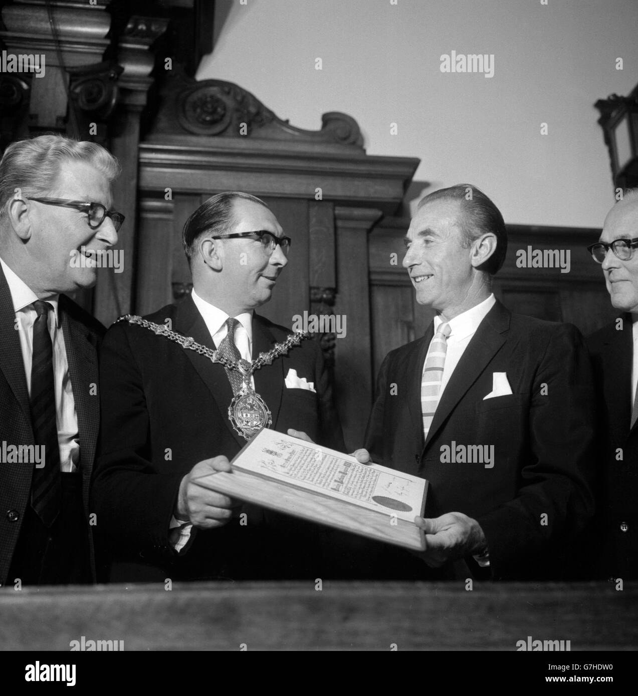 Stanley Matthews (r), 49, idol of the Stoke City crowds, as he is ...