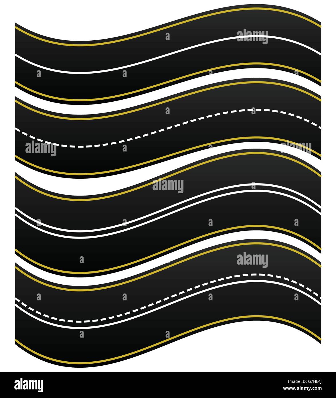 Set of 4 road, highway, roadway shapes. Dashed and straight lines ...