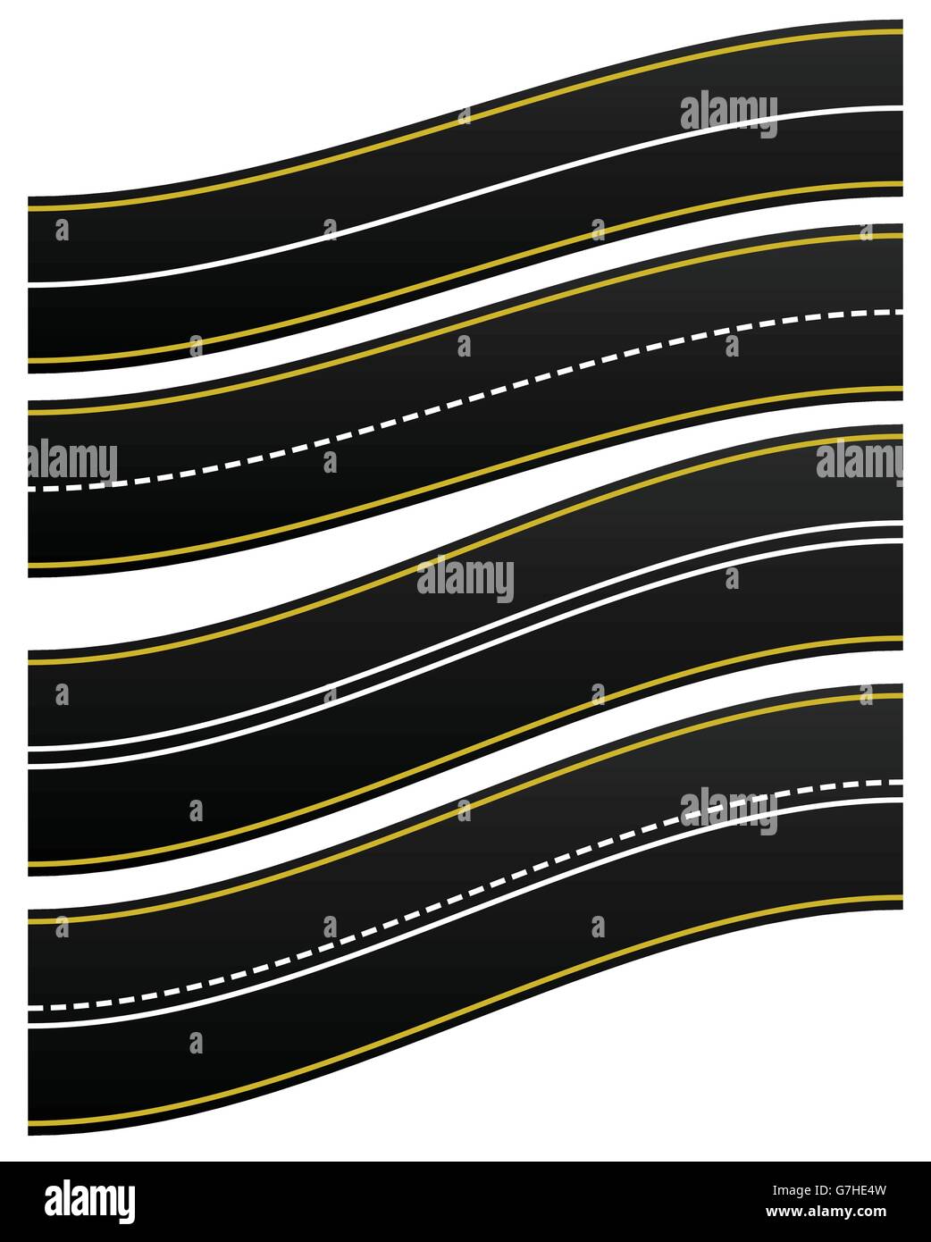 Set of 4 road, highway, roadway shapes. Dashed and straight lines ...