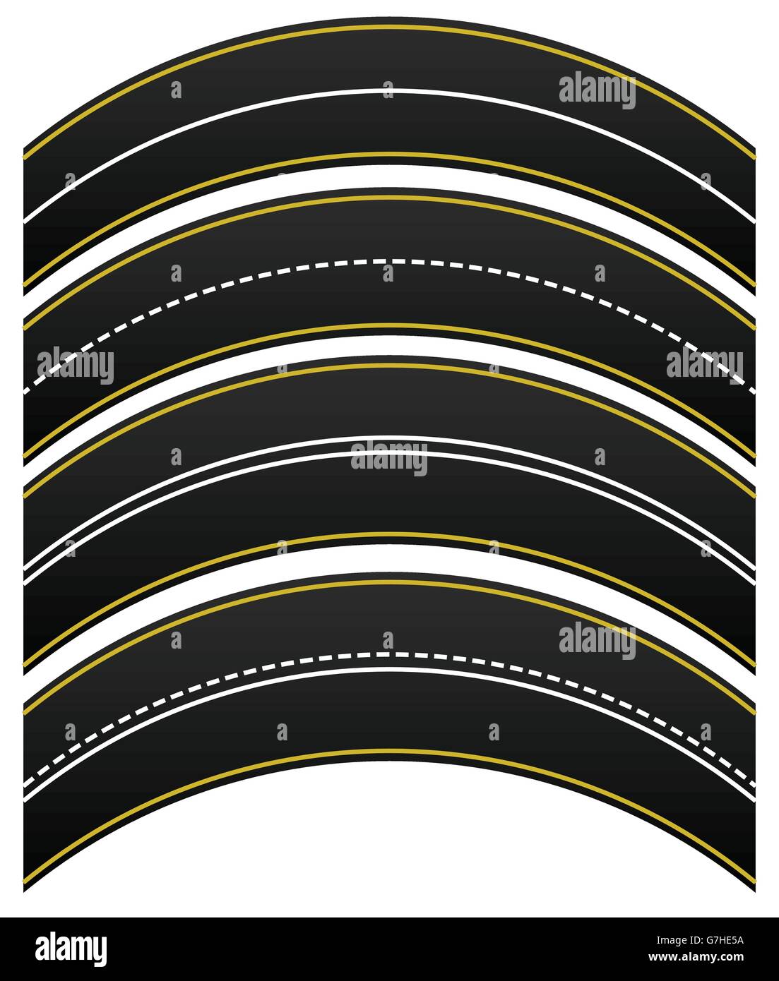 Set of 4 road, highway, roadway shapes. Dashed and straight lines ...
