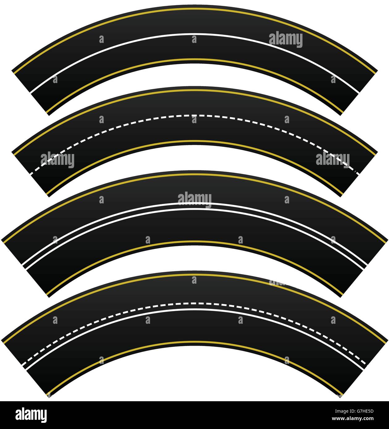 Set of 4 road, highway, roadway shapes. Dashed and straight lines ...