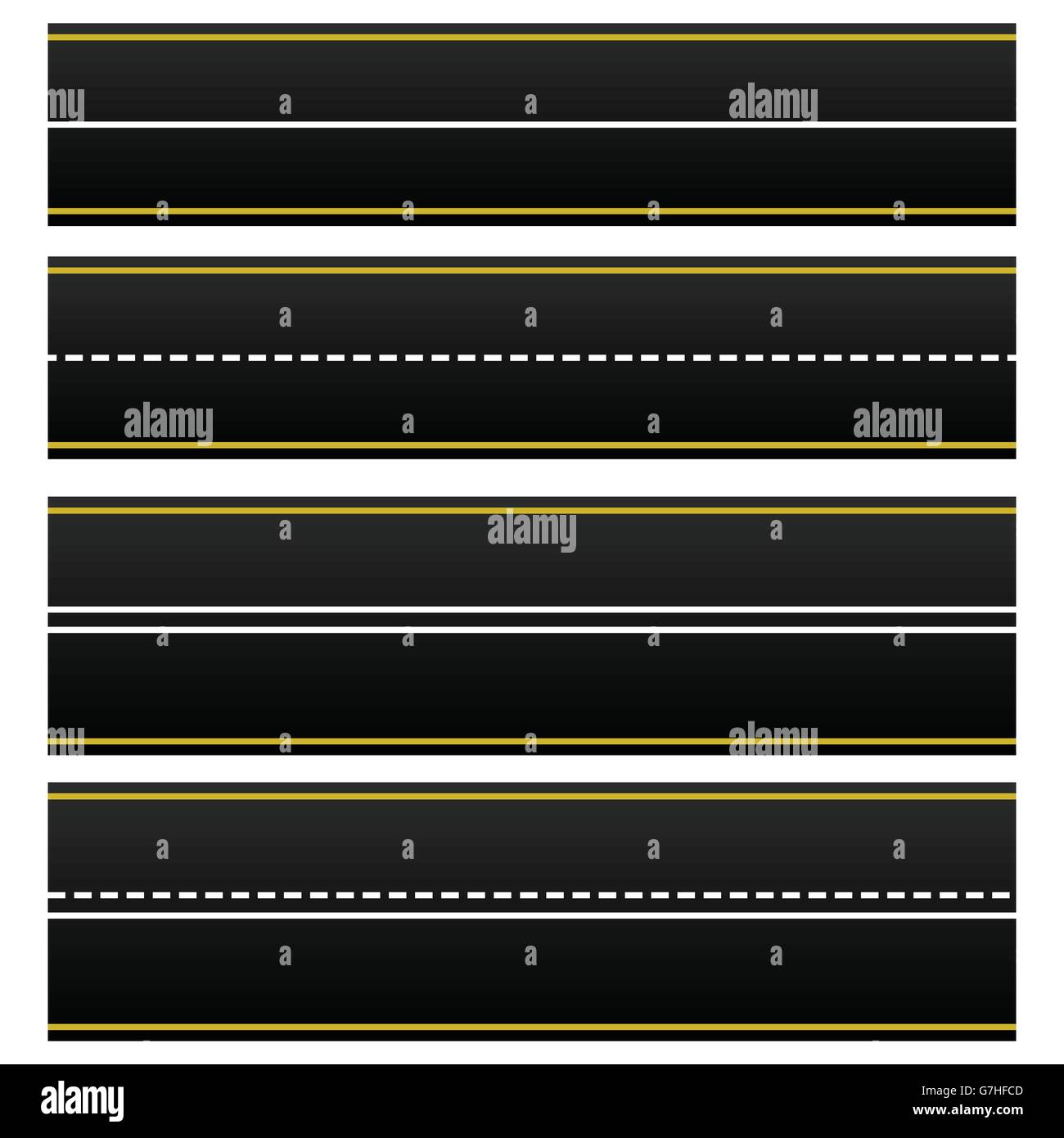 Set of 4 road, highway, roadway shapes. Dashed and straight lines ...