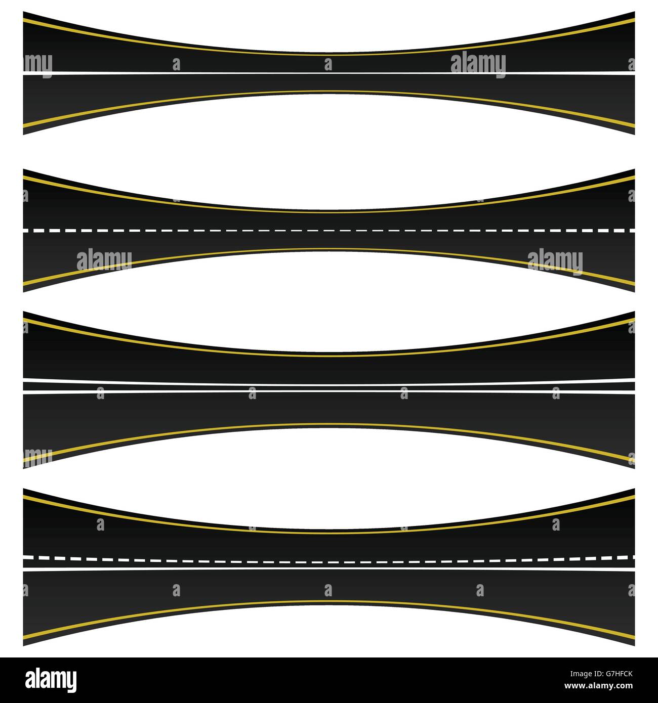 Set of 4 road, highway, roadway shapes. Dashed and straight lines ...