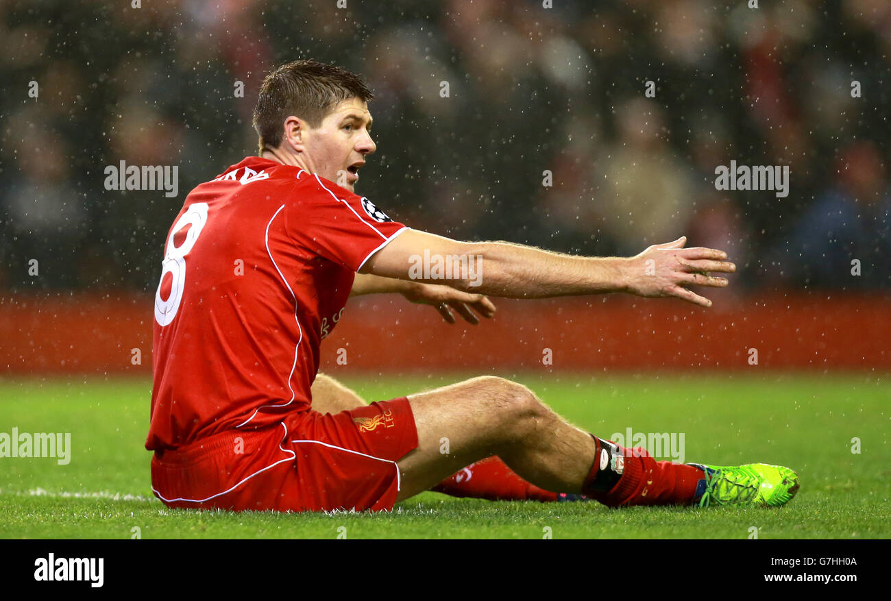 Liverpool's Steven Gerrard gestures in frustration after going down in ...